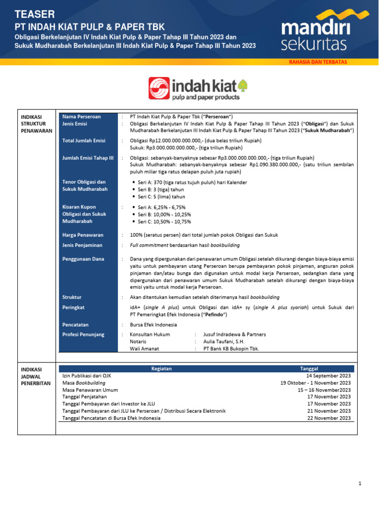 Obligasi Berkelanjutan IV Tahap III Dan Sukuk Mudharabah Berkelanjutan III Indah Kiat Pulp and ...