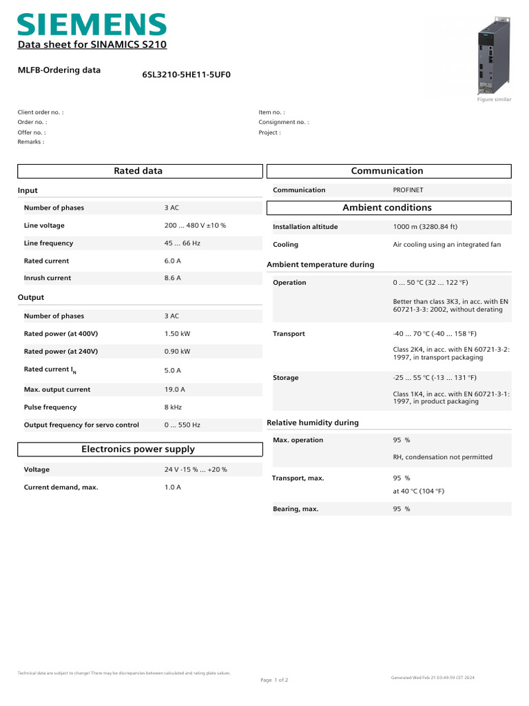 SINAMICS S210 Data Sheet Overview | PDF | Power Supply | Electromagnetism