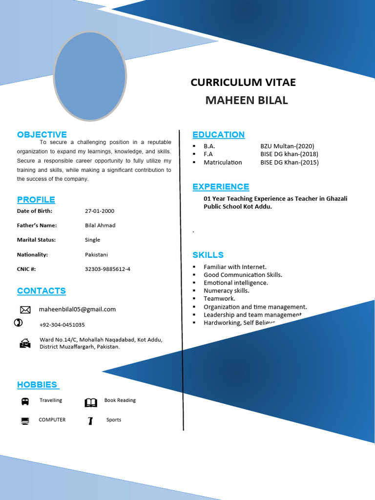 Maheen Bilal CV: Skills & Experience | PDF | Human Communication | Behavior Modification