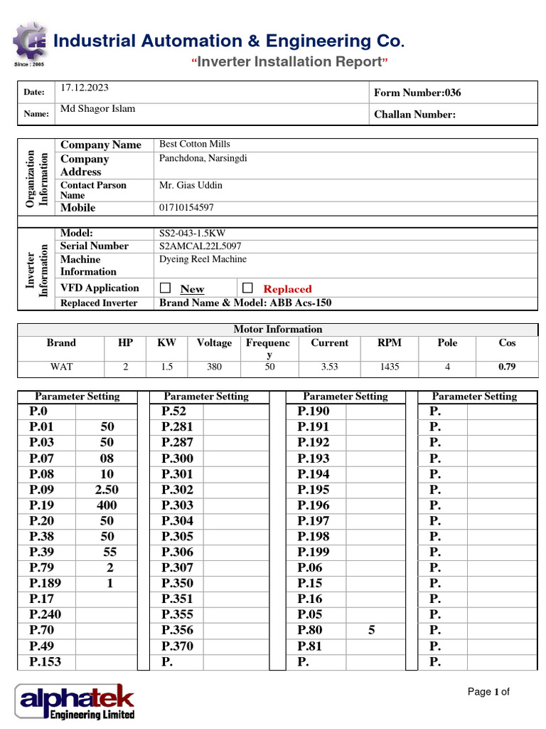 036-VFD Installation - Dyeing Reel Machine | PDF | Power Inverter | Electrical Components