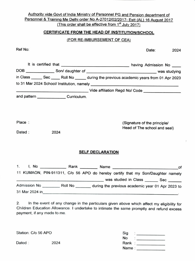 CEA Form for Army Reimbursement 2024 | PDF