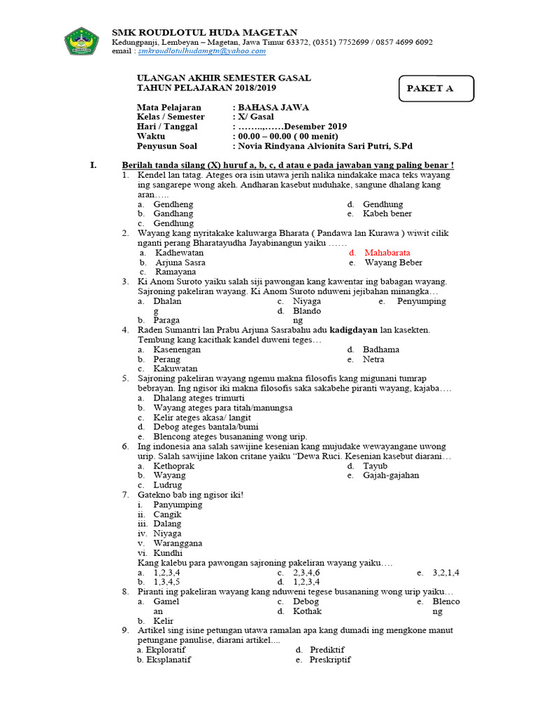 Soal Uas Bhs Jawa Kls X Paket A Gasal | PDF