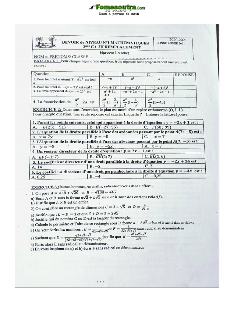 Maths 2nde C 2021 Lycee Classique | PDF