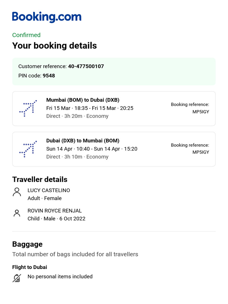 Mumbai to Dubai Booking Confirmation | PDF