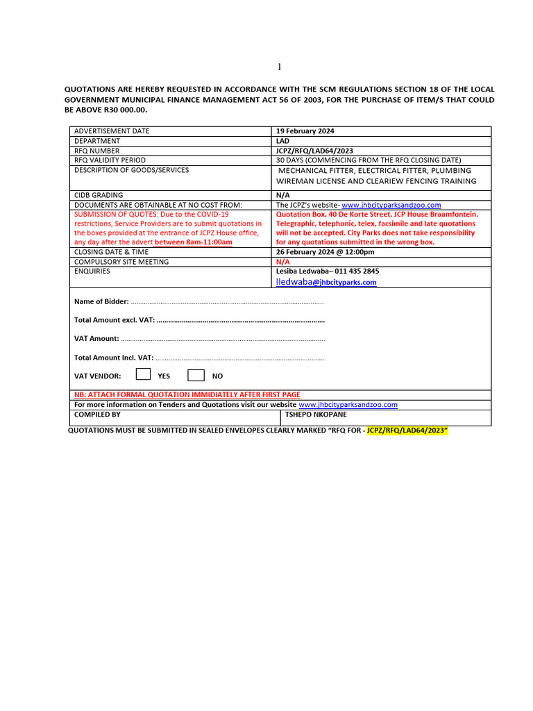 JCPZ RFQ Lad64 2023 | PDF | Procurement | Taxes
