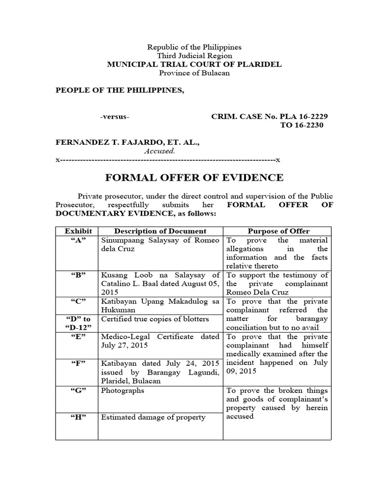 Formal Offer of Evidence in Criminal Case | PDF | Government | Criminal Law