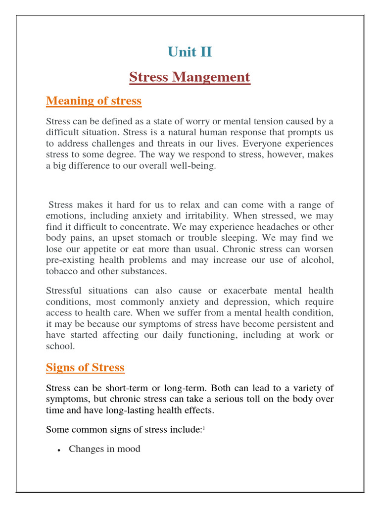 Unit II - Stress Management | PDF | Stress (Biology) | Occupational Stress