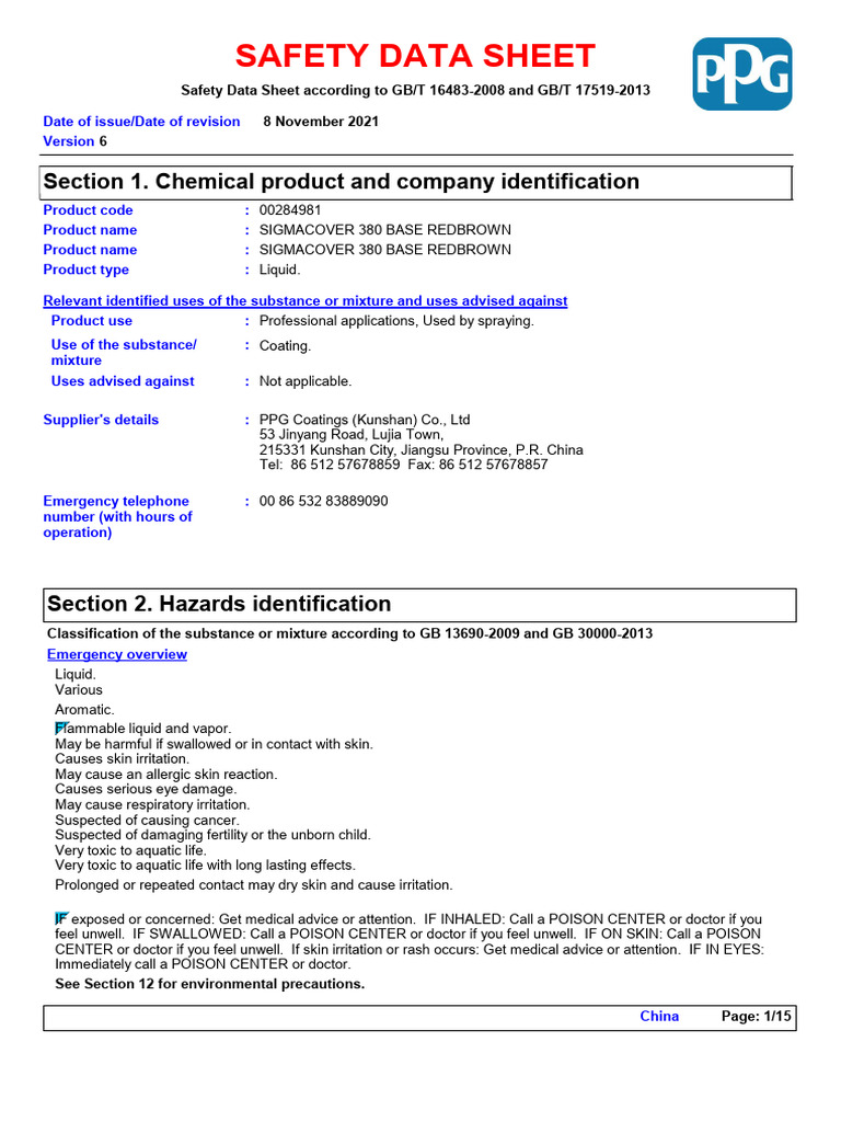 Sigmacover 380 | PDF | Toxicity | Safety
