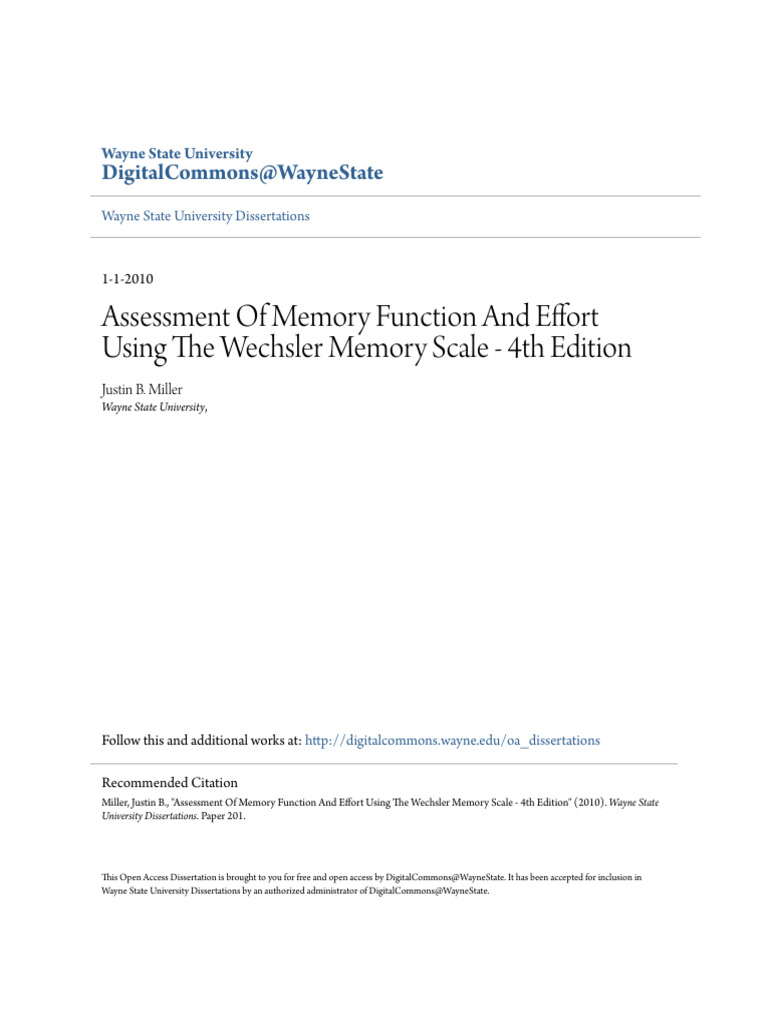 Assessment of Memory Function | PDF | Wechsler Adult Intelligence Scale | Traumatic Brain Injury