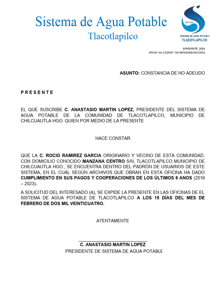 Constancia de No Adeudo 2024 | PDF | Suministro de agua | Agua potable