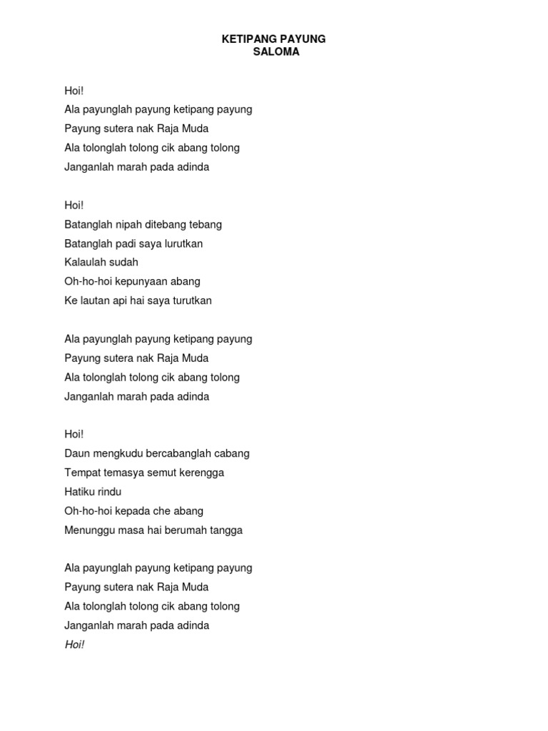 Lirik Lagu - Ketipang Payung (Saloma) | PDF