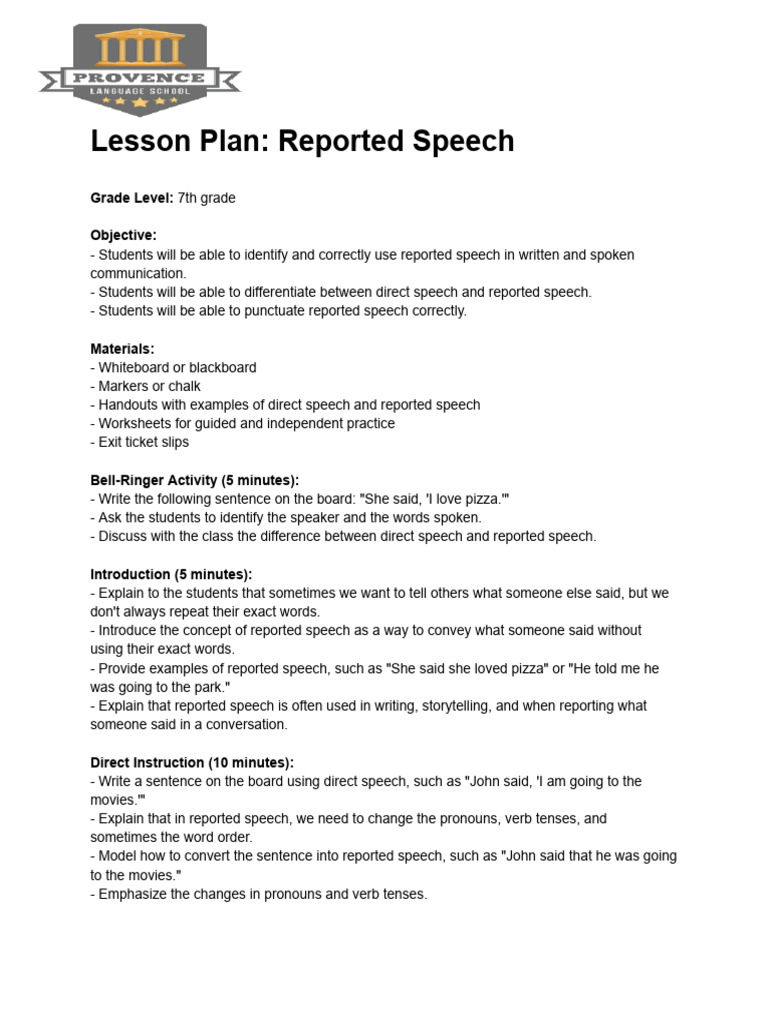 Lesson Plan - Reported Speech | PDF | Comma | Linguistics
