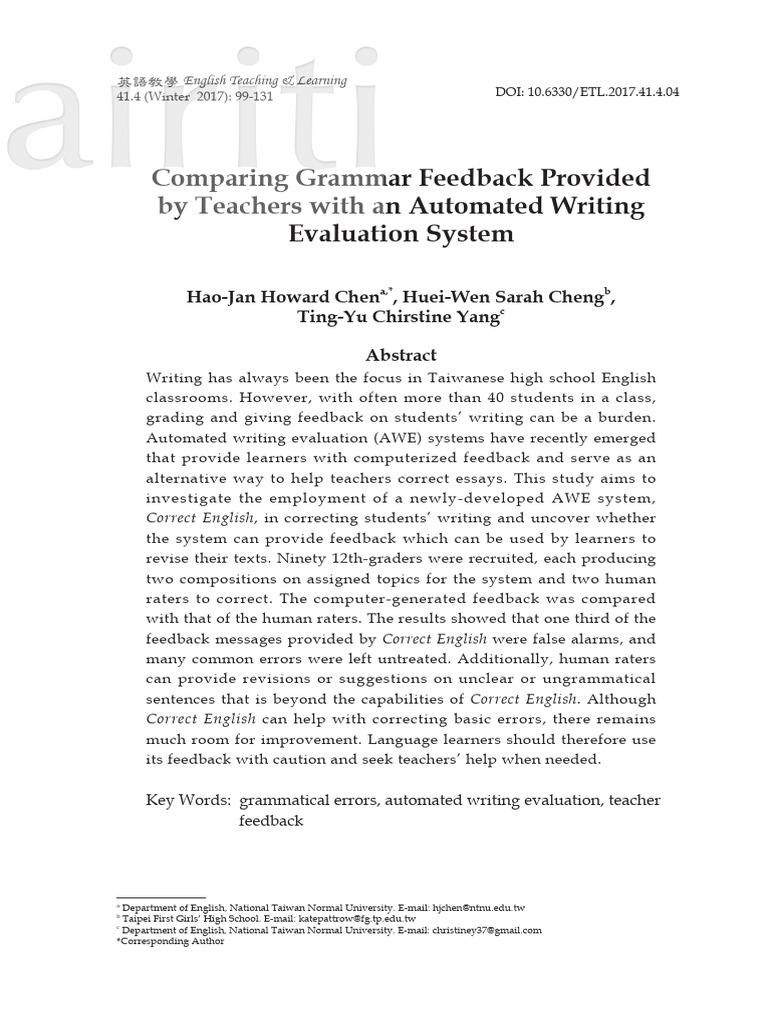 Comparing Grammar Feedback Provided by Teachers With An Automated Writing Evaluation System ...