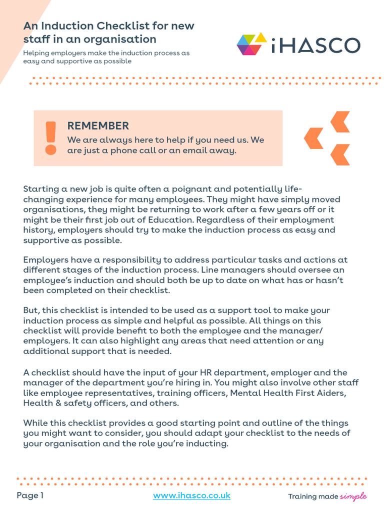 IHASCO Induction Checklist | PDF | Employment | Parental Leave