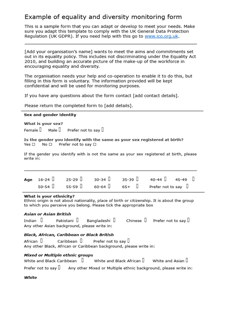 Equality and Diversity Monitoring Form Template Nov 2023 | Download ...