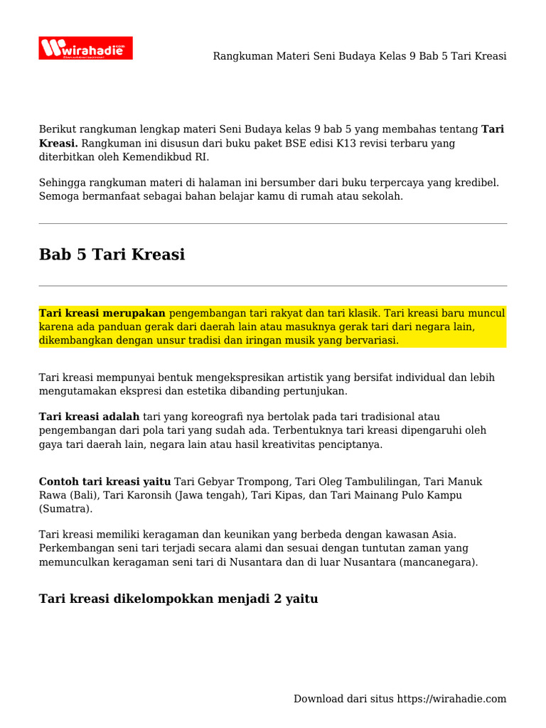 Rangkuman Materi Seni Budaya Kelas 9 Bab 5 Tari Kreasi | PDF