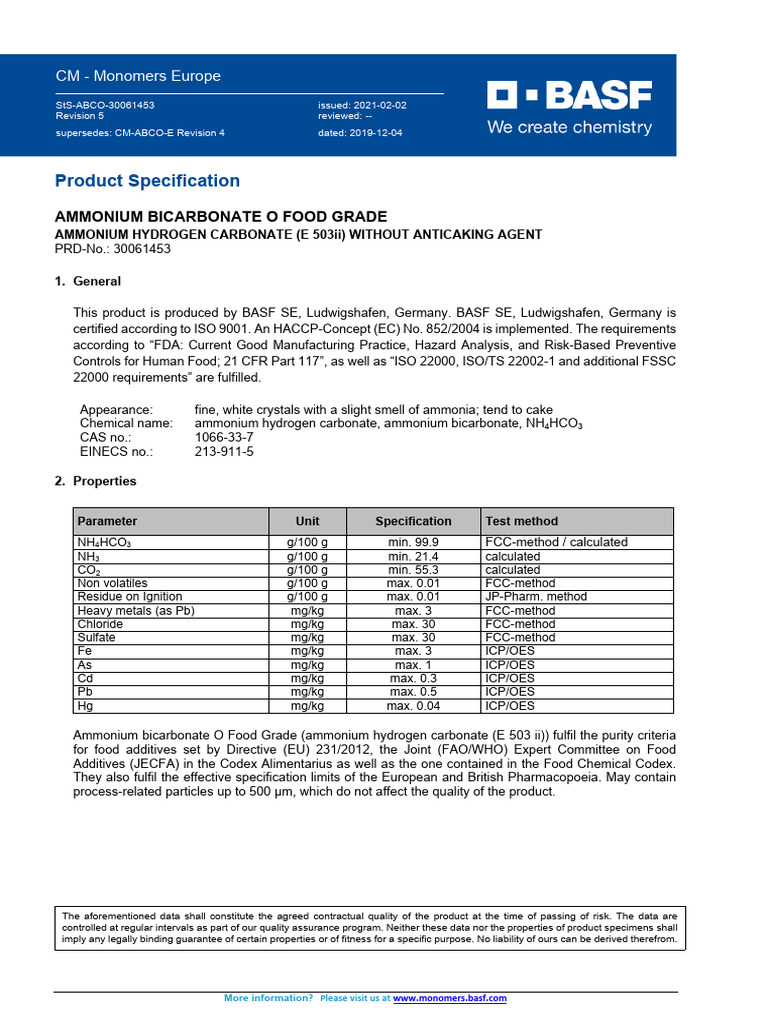 Ammonium Bicarbonate Food Grade Specs | PDF | Chemistry | Chemical ...