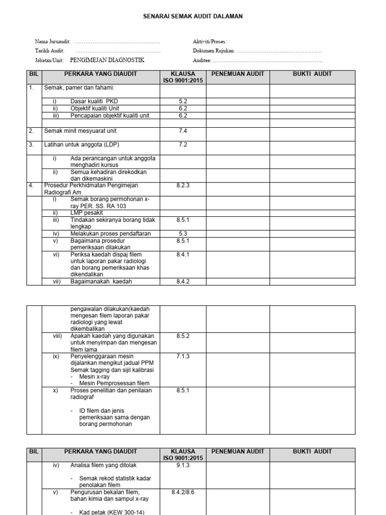 Senarai Semak Audit Dalaman Radiologi | PDF