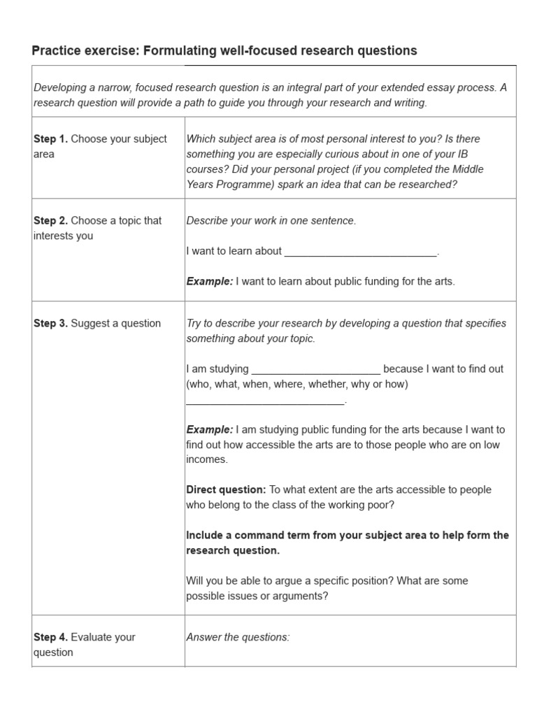 Practice Exercise - Formulating Well-Focused Research Questions | PDF ...
