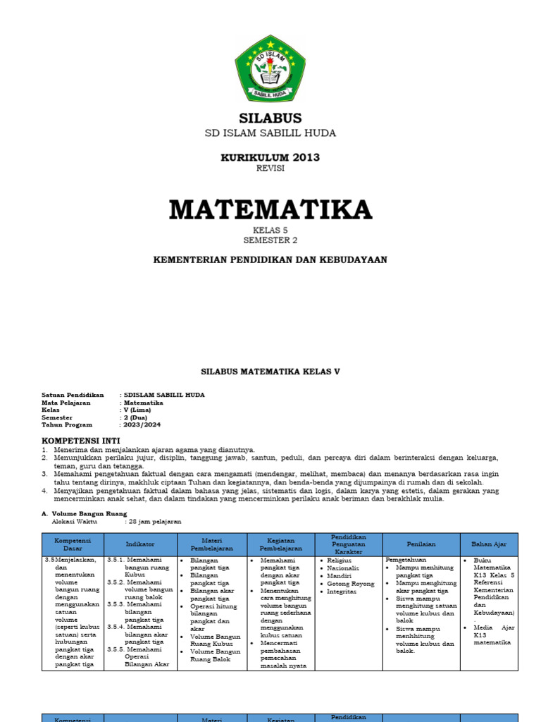 Silabus Matematika Kelas 5 Sem 2 | PDF