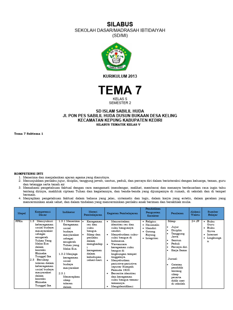 Silabus K13 Kelas 5 Tema 7 | PDF
