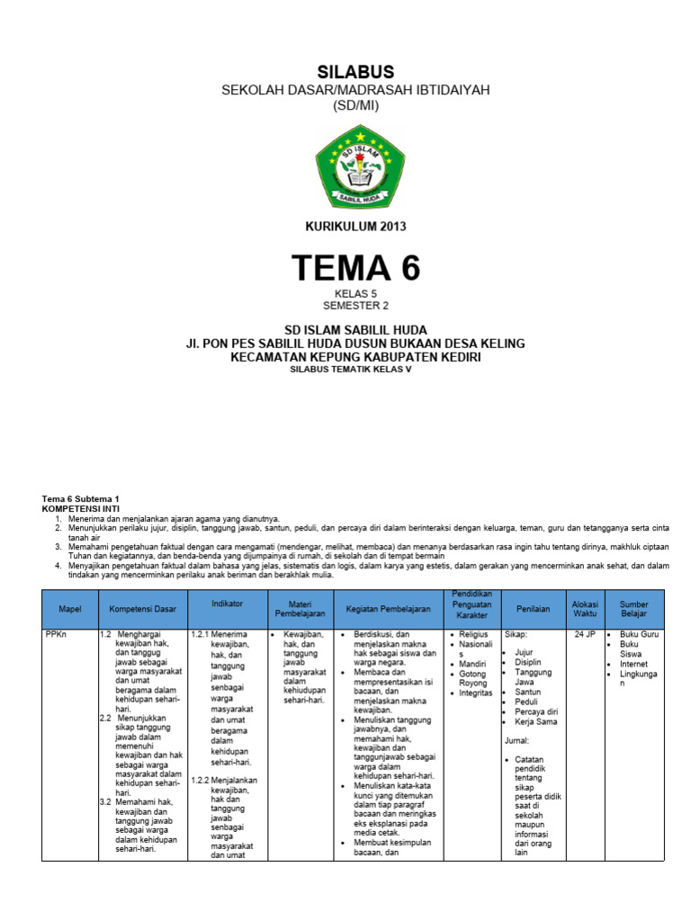 Silabus K13 Kelas 5 Tema 6 | PDF