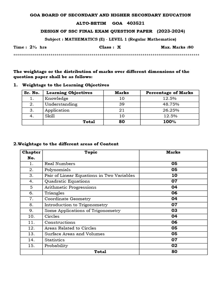 Class 10 Maths Exam Paper Pattern | PDF | Equations | Quadratic Equation