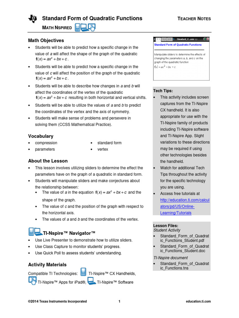 Standard Form of Quadratic Functions Teacher | PDF | Mathematics