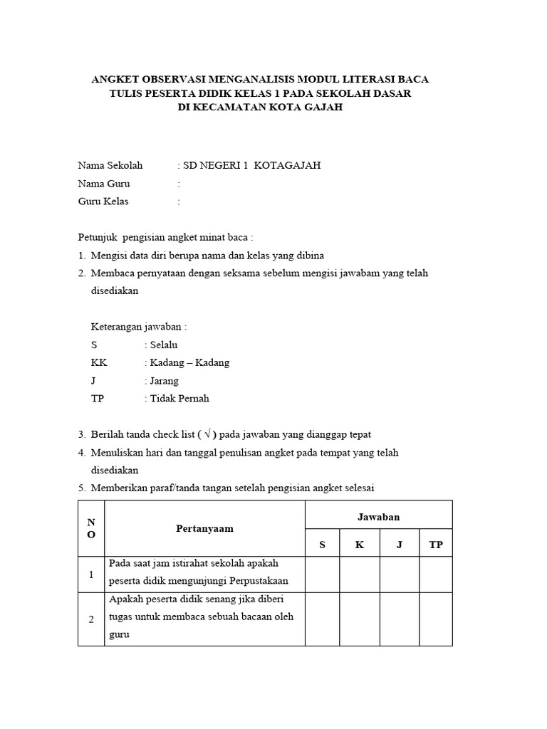 Angket Observasi Menganalisis Modul Literasi Baca Tulis Peserta Didik Kelas 1 Pada Sekolah Dasar ...