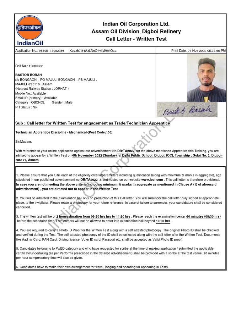 IOCL Call Letter 95105113002356 | PDF | Government