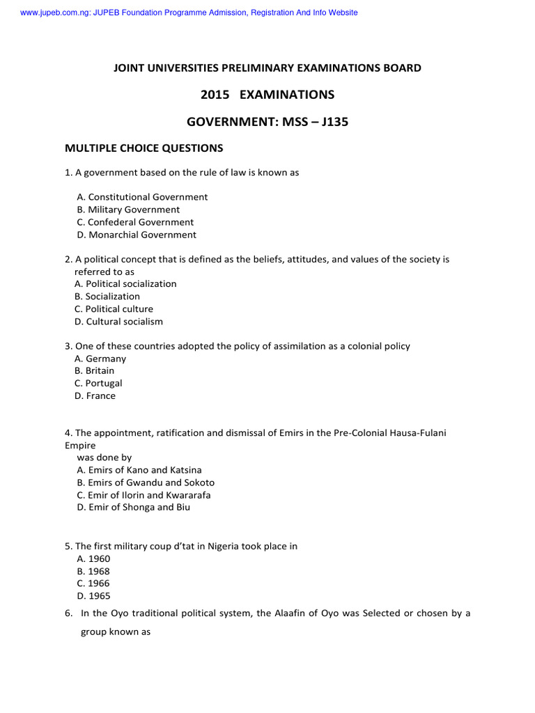 JUPEB Government Past Questions 2015 | PDF | Legislature | Separation ...