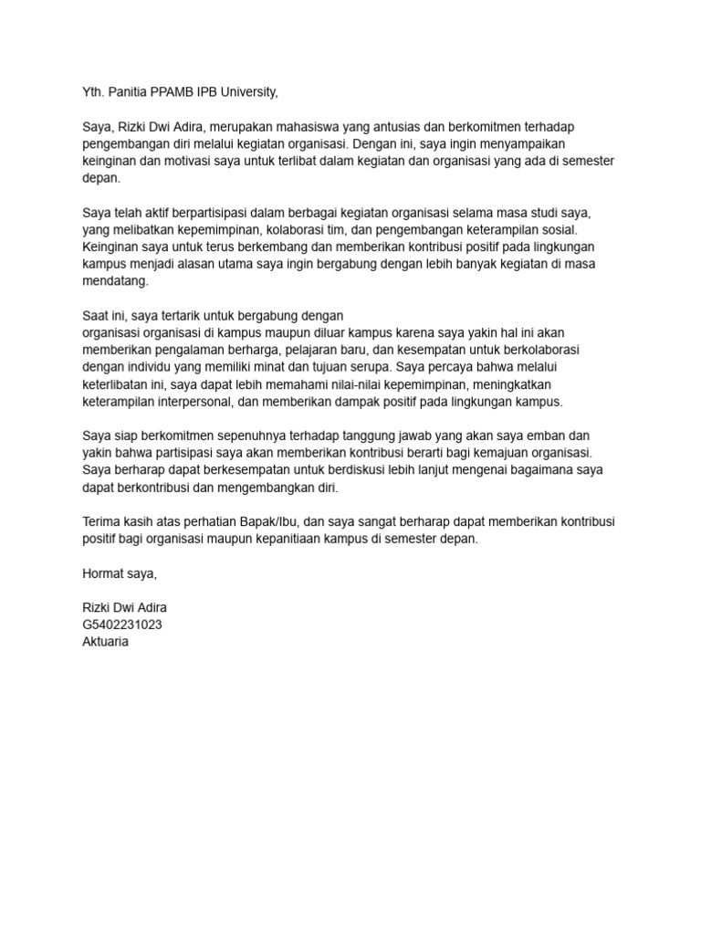 Rizki Dwi Adira - G5402231023 - Penugasan Motivation Letter | PDF ...