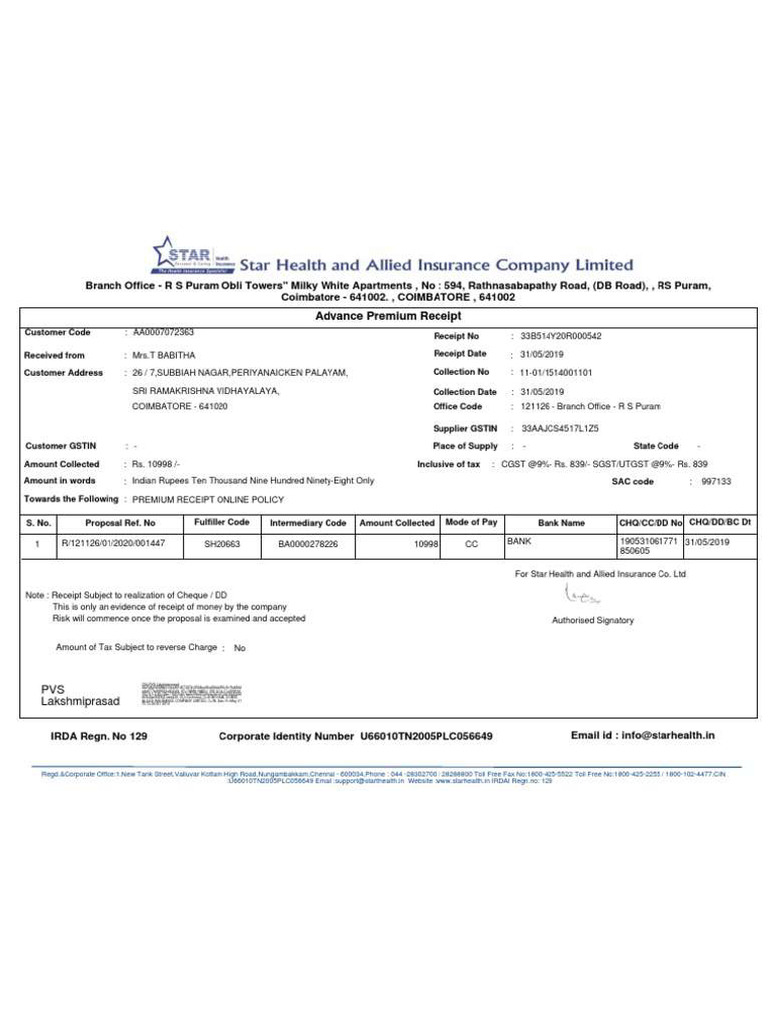 Star Health Premium Receipt | PDF