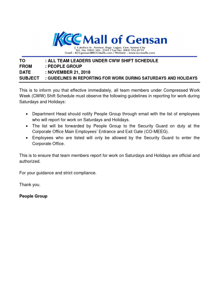 Saturday and Holiday Work Guidelines | PDF | Finance & Money Management