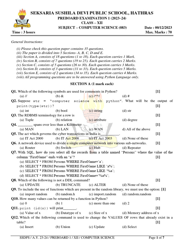 12th - CS Preboard - Set B | PDF | Comma Separated Values | Data Type