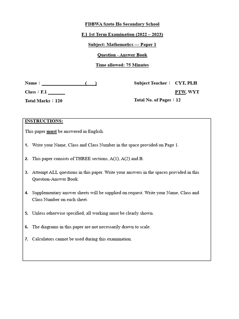 2022-23-F1 Maths-1st Exam - Paper I-Questions Only | PDF | Length ...