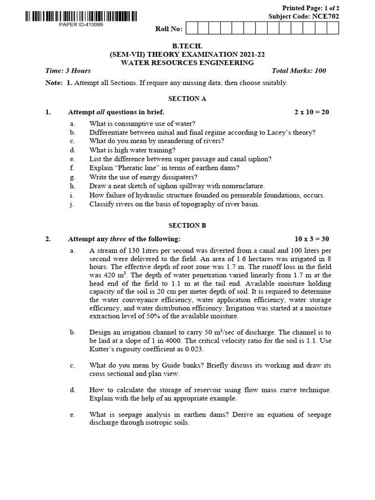 Water Resources Engineering Exam Guide | PDF | Dam | Discharge (Hydrology)