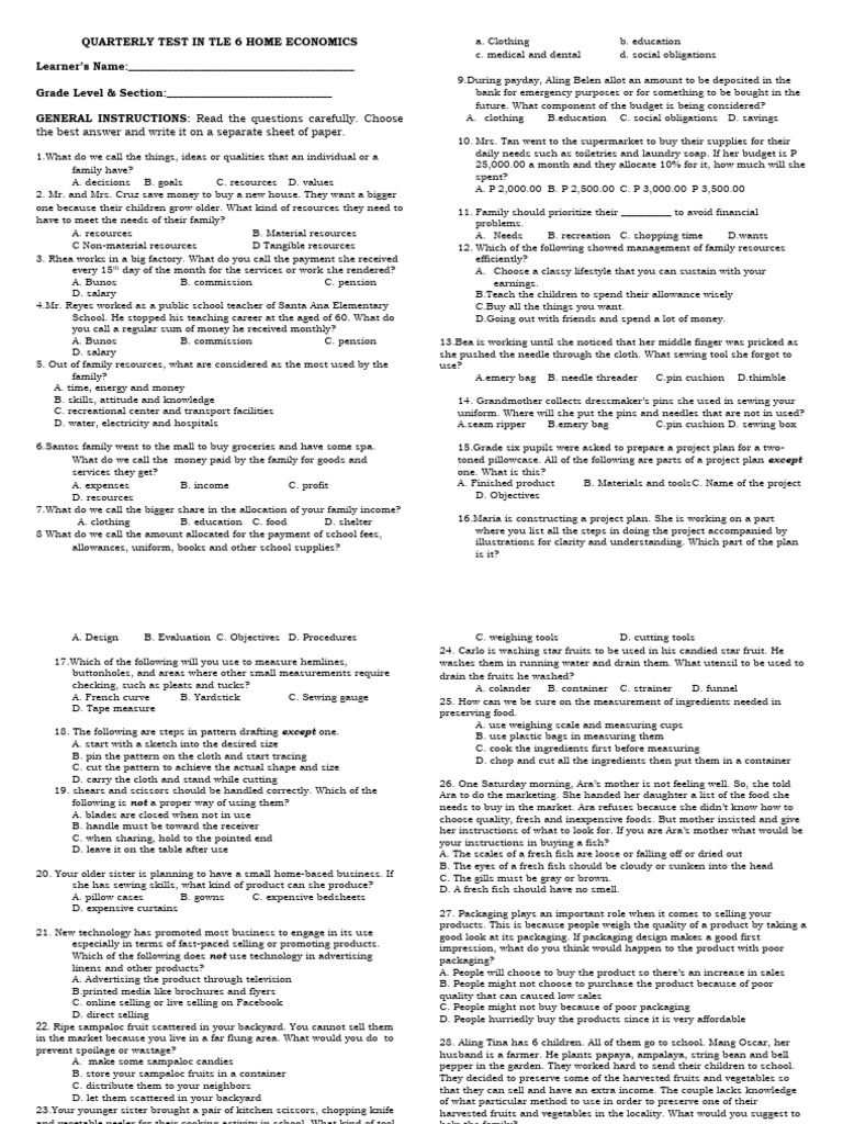 Grade 6 Home Economics Periodical Test | PDF | Vegetables | Fruit Preserves