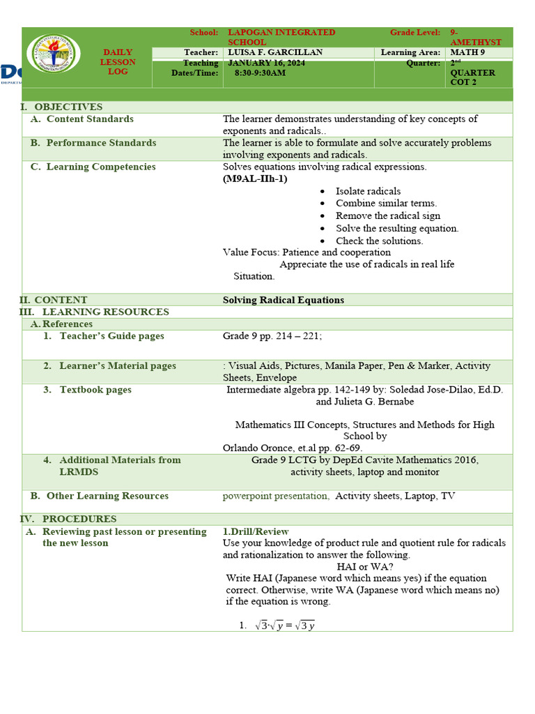 DLP - Math 9 Co2 | PDF | Equations | Mass