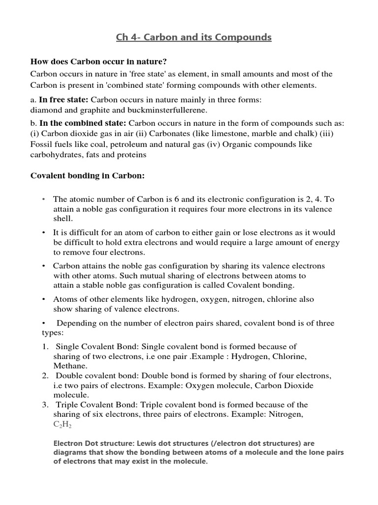 Carbon and Its Compounds (Notes 1) | PDF | Chemical Bond | Carbon