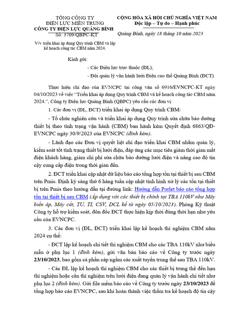 3709-QBPC-Triển khai áp dụng quy trình CBM và lập kế hoạch thí nghiệm CBM năm 2024 | PDF