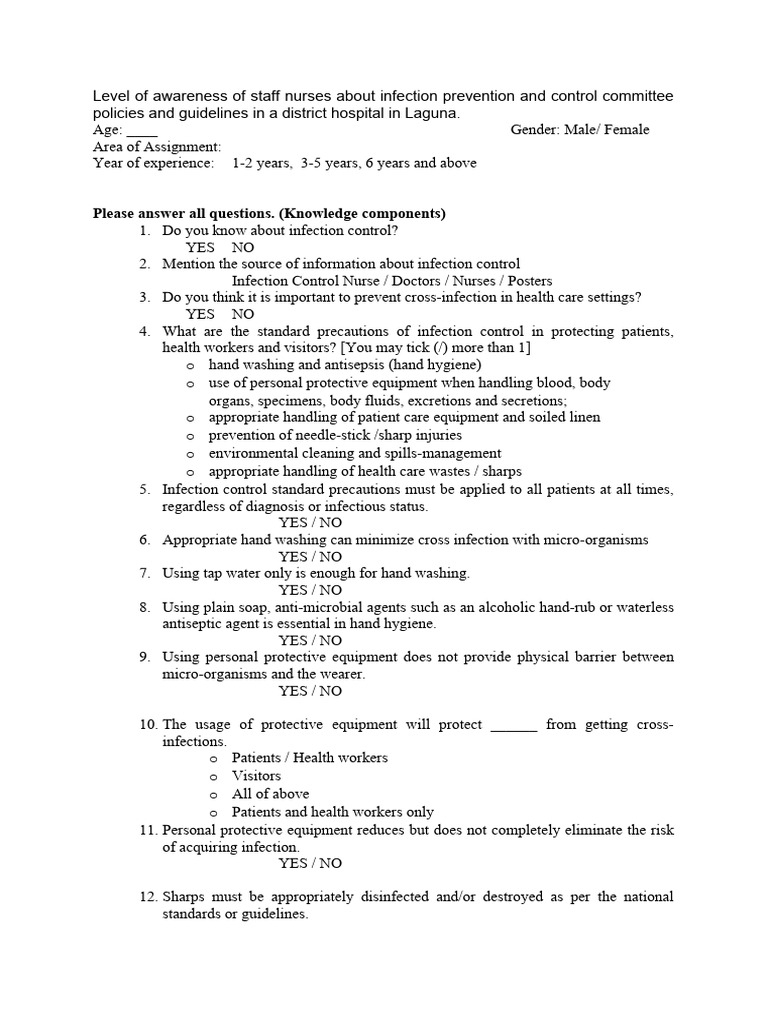 Questionnaire Infectioncontrol | Download Free PDF | Personal ...