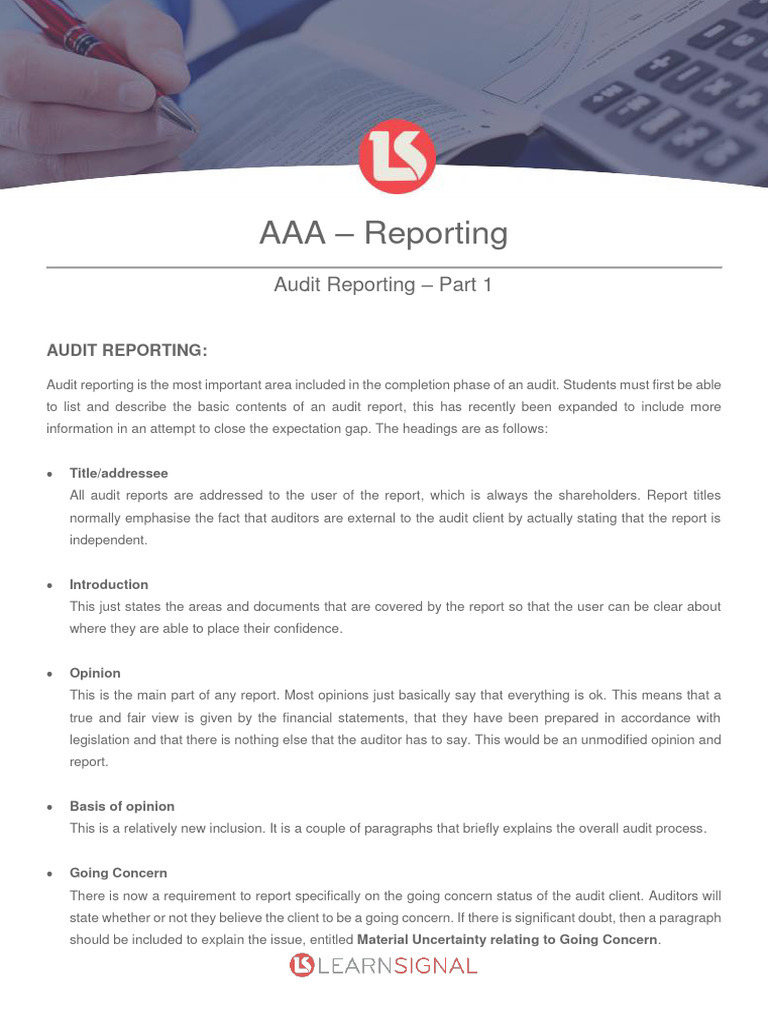 AAA Audit Reporting Part 1 | PDF | Auditor's Report | Financial Audit