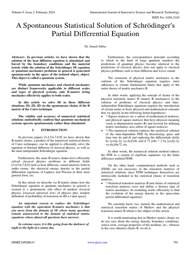 A Spontaneous Statistical Solution of Schrödinger's Partial ...