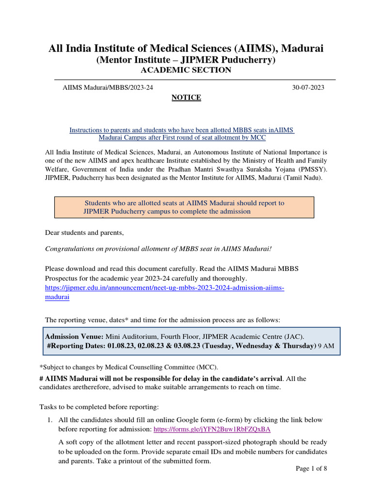 Information Brochure For MBBS Admission 2023-24 First Round at AIIMS ...