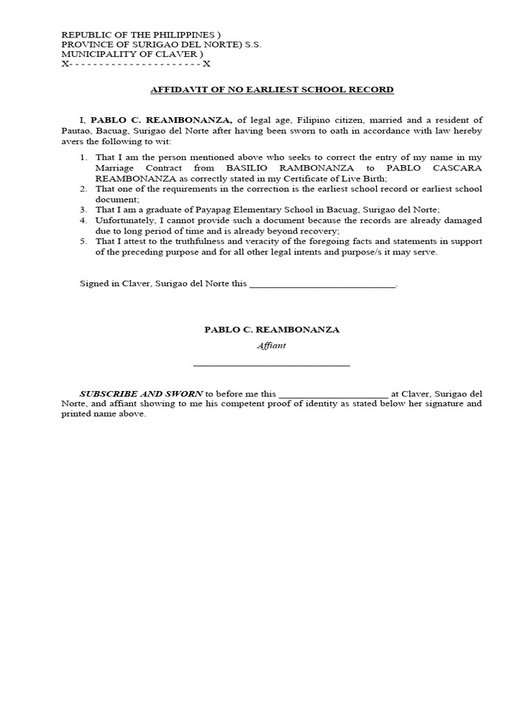 Affidavit of Earliest School Record | PDF