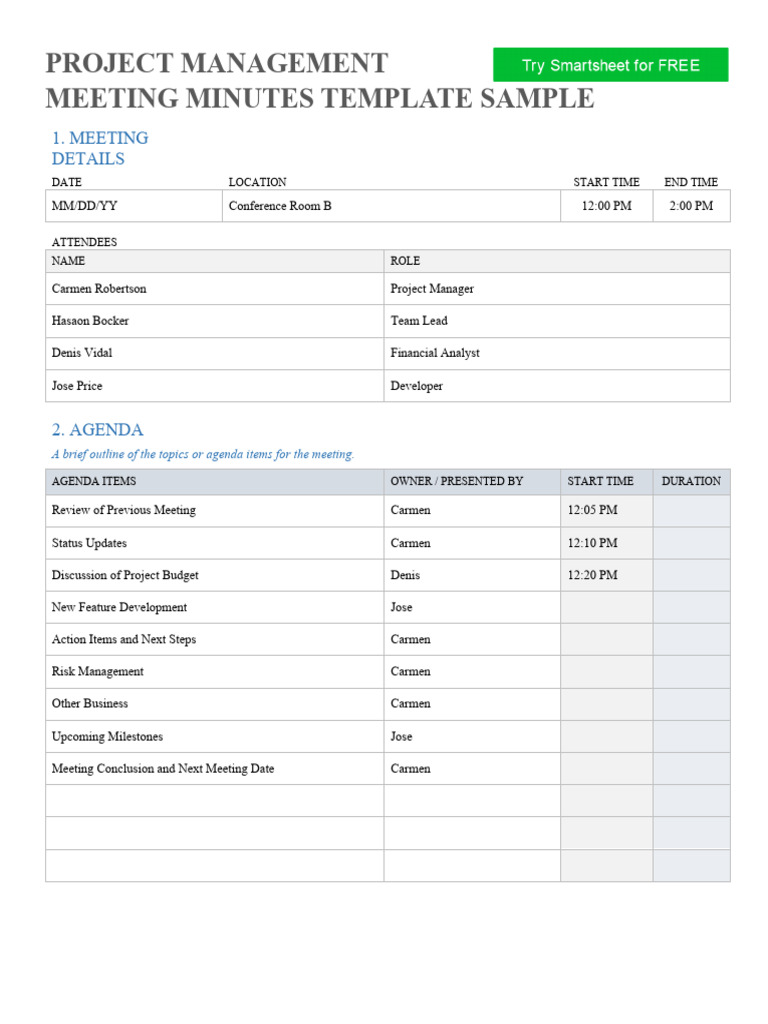 IC Project Management Meeting Minutes Sample 11856 - WORD | PDF ...