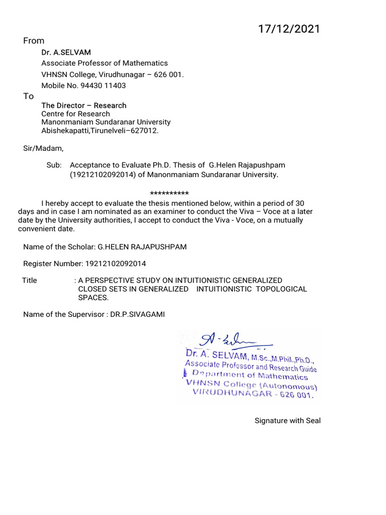 Acceptance to Evaluate Ph.D. Thesis | PDF