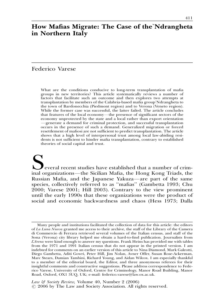Federico Varese - The Case of The 'Ndrangheta in Northern Italy | PDF ...