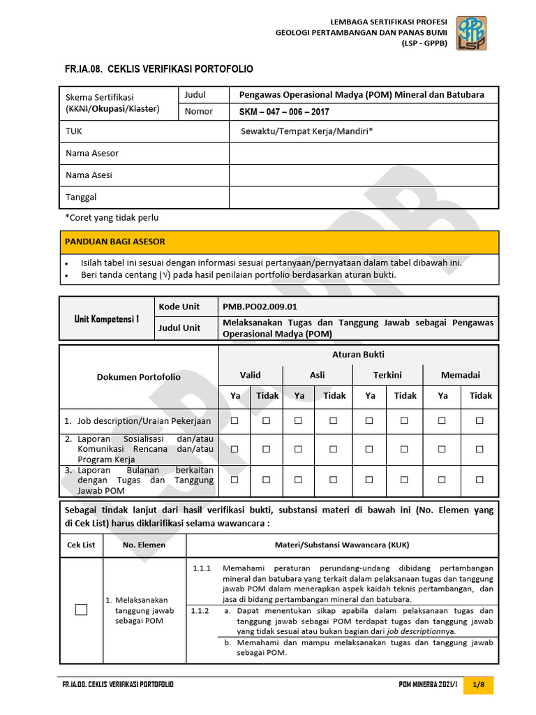 FR - IA.08. Ceklis Verifikasi Portofolio POM | PDF